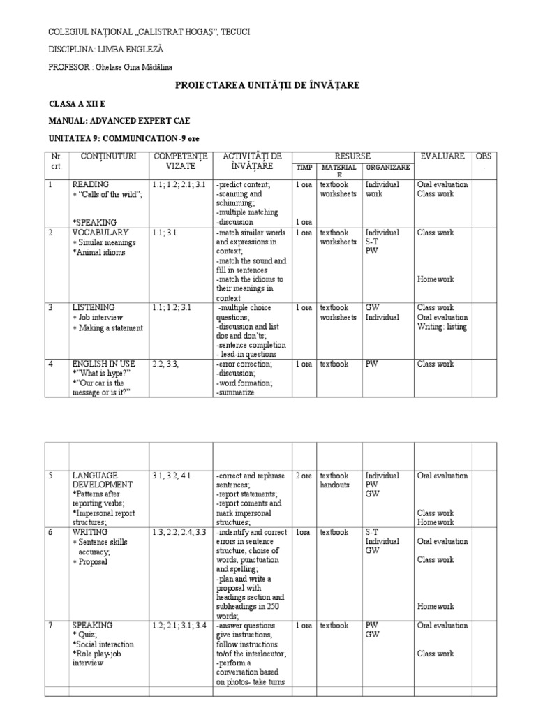 English Learning Unit Plan for 12E | PDF