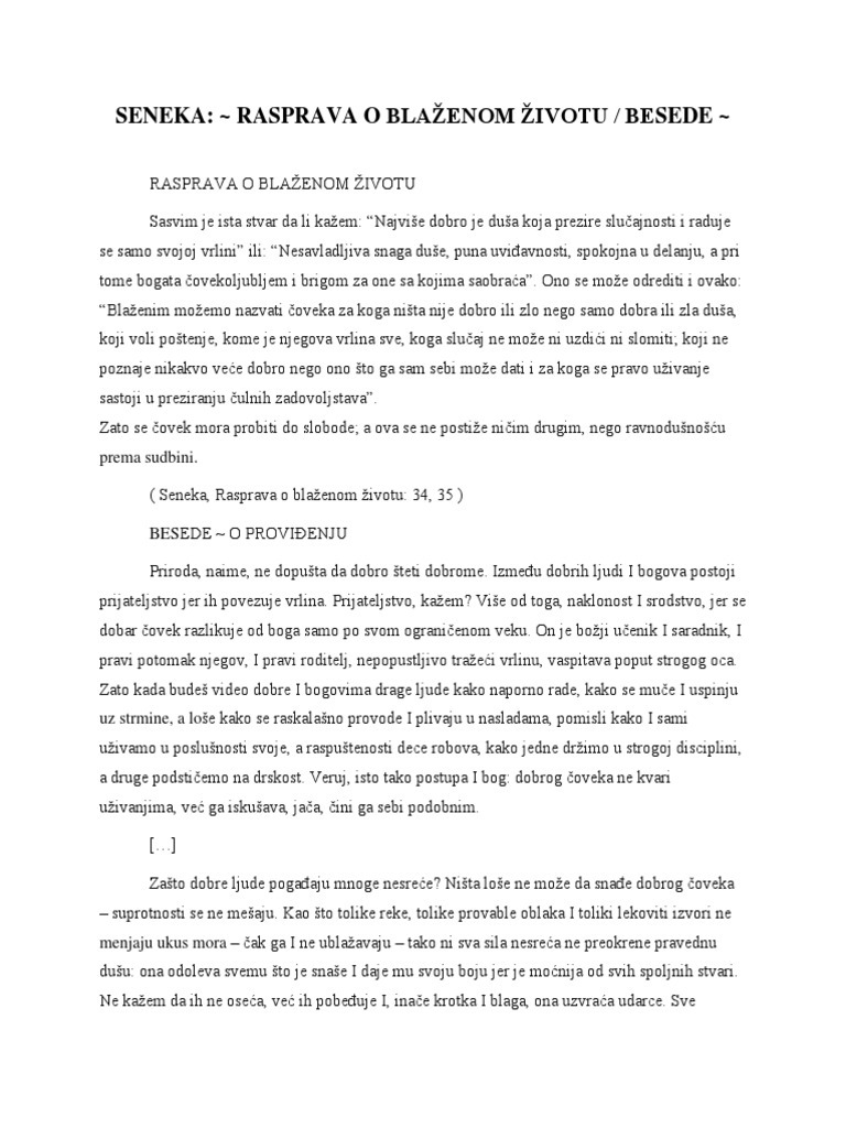 SENEKA - Rasprava o Blaženom Životu | PDF