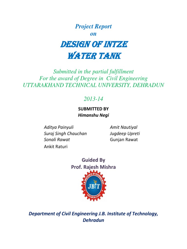 Design of Intze Water Tank: Project Report On | PDF