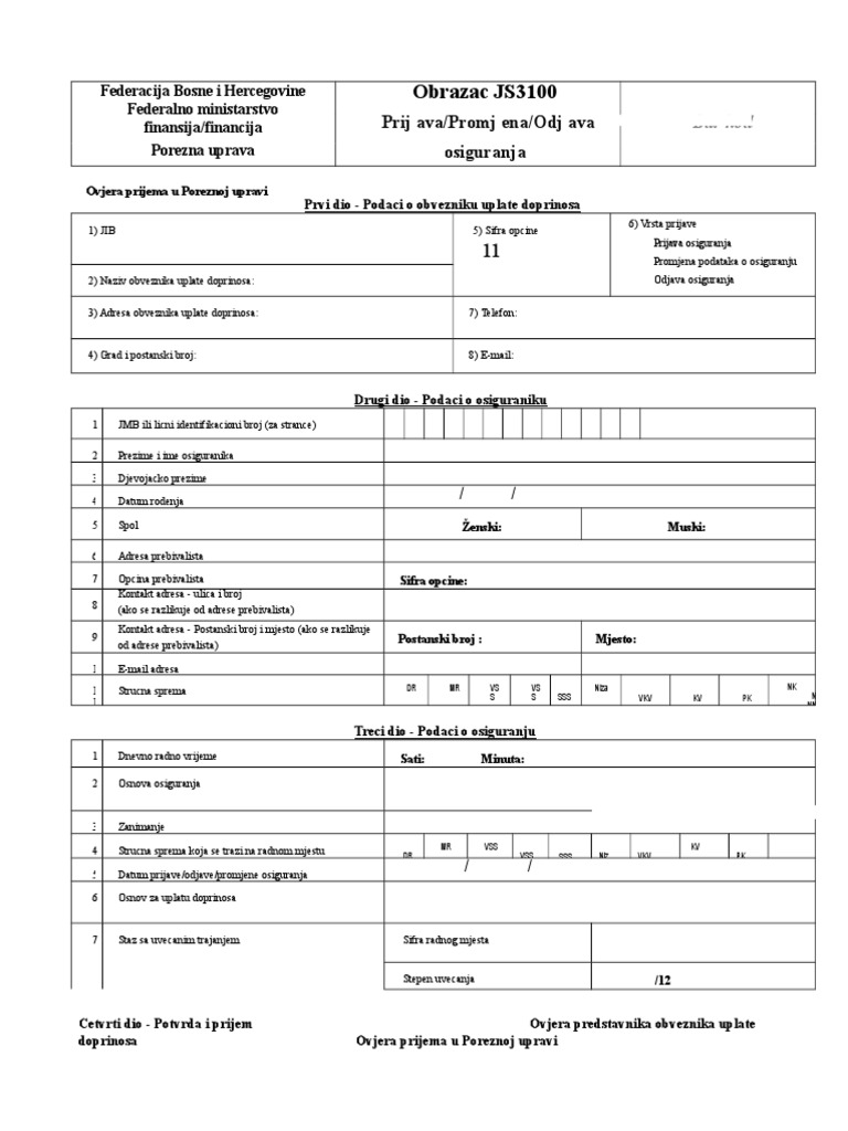 JS3100-PrijavaPromjenaOdjava Osiguranja | PDF