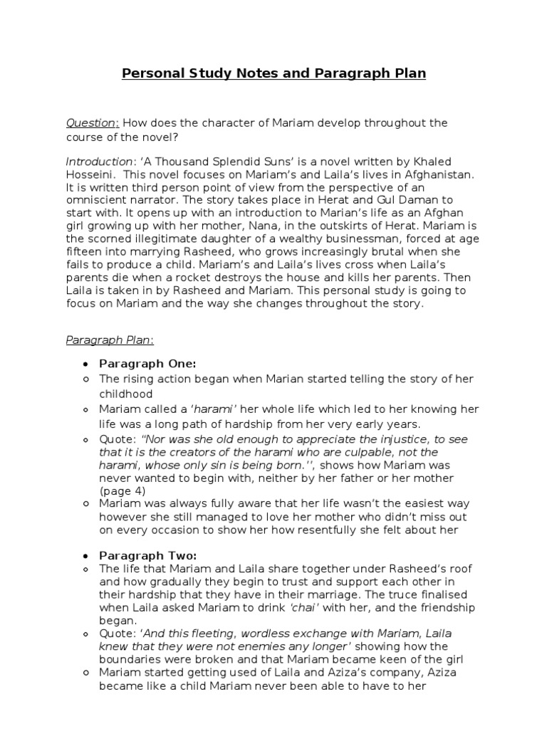 Personal Study Notes and Paragraph Plan For 'A Thousand Splendid Suns ...