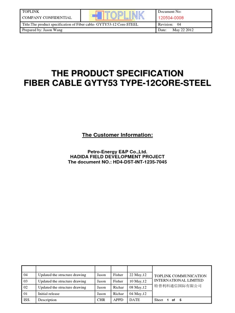 GYTY53 12-Core Fiber Cable Specs | PDF | Optical Fiber | Cable