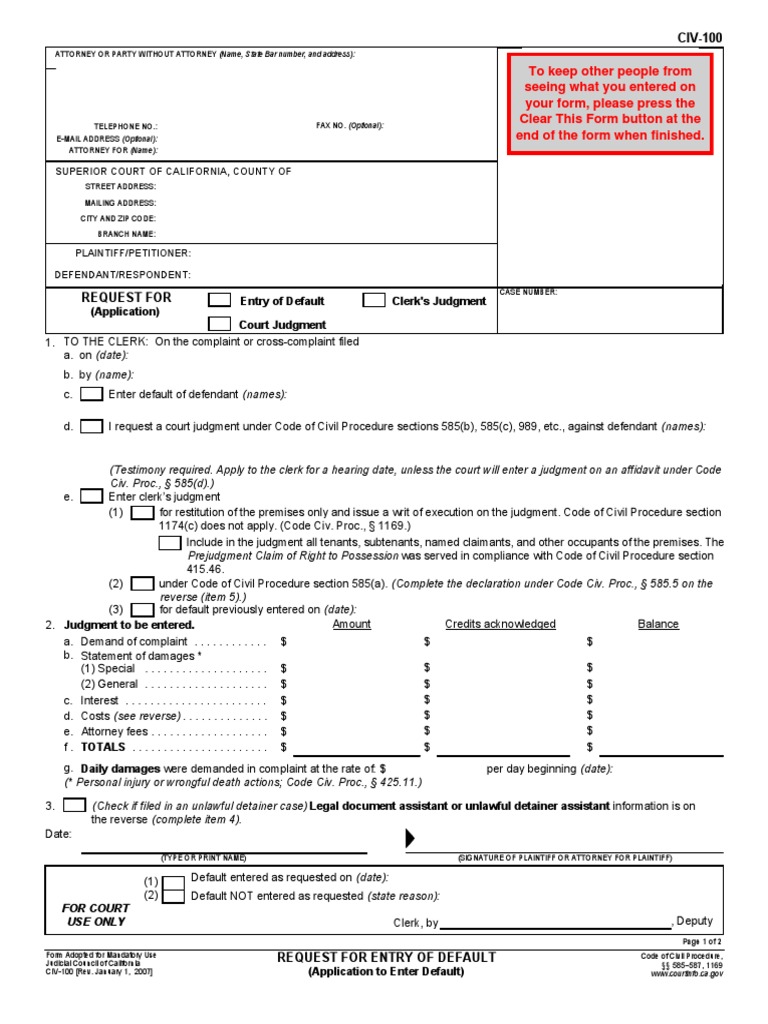 California Form CIV-100 | PDF | Complaint | Service Of Process