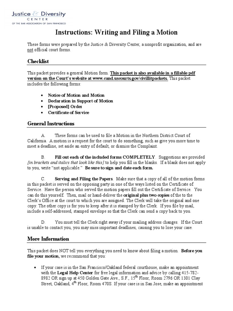 Instructions: Writing and Filing A Motion: Checklist | PDF | Complaint ...