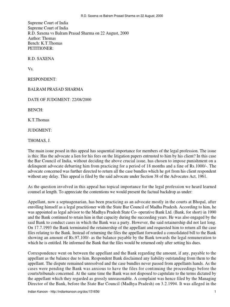 R.D. Saxena Vs Balram Prasad Sharma On 22 August, 2000 | PDF | Advocate | Lawsuit