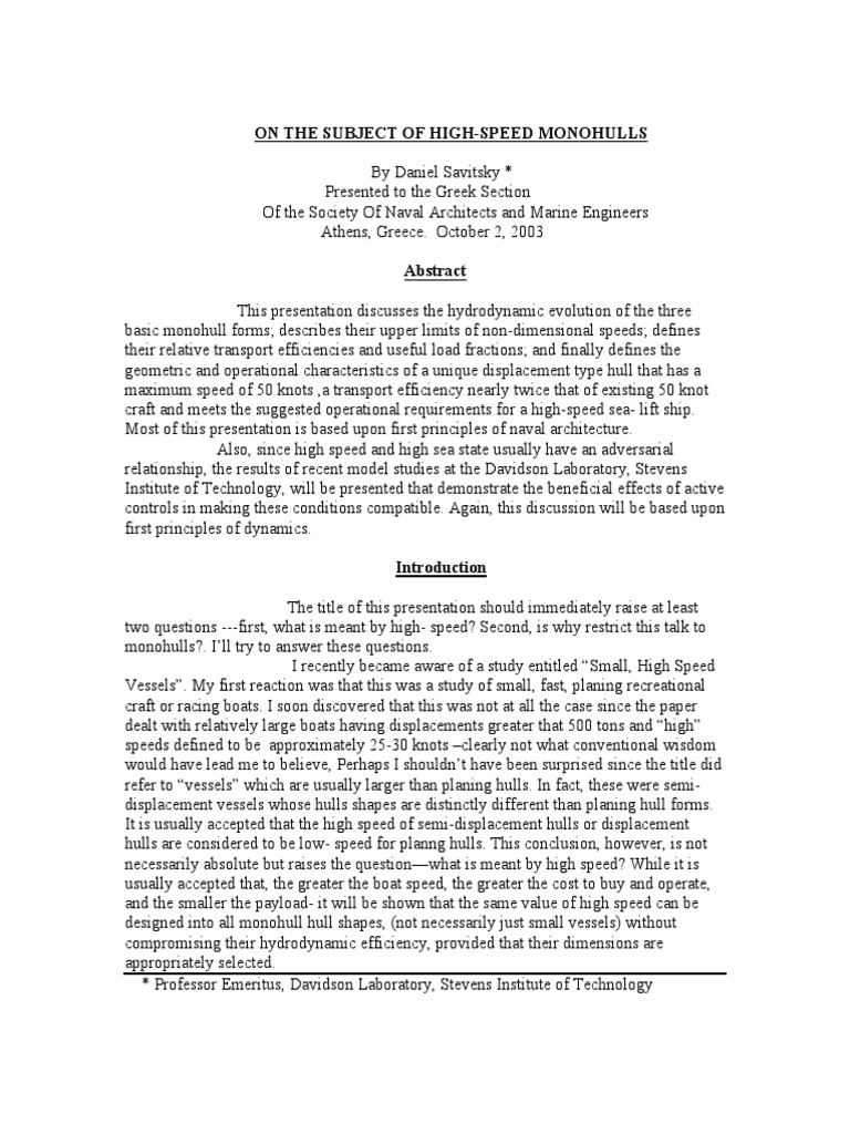 Savitsky - On The Subject of High Speed Monohulls | PDF | Hull ...