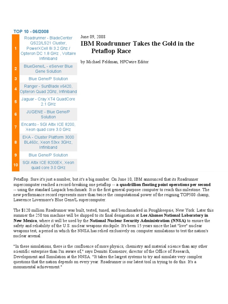 IBM Roadrunner Takes The Gold in The Petaflop Race | PDF ...