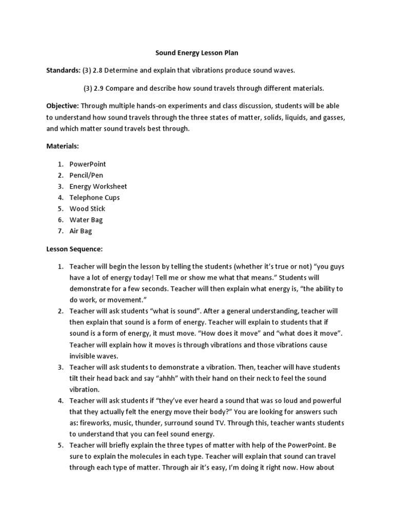 Sound Energy Lesson Plan for Grades 4-6 | PDF | Sound | Lesson Plan