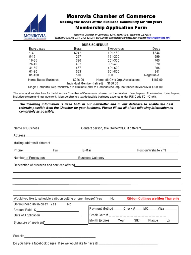 Monrovia Chamber Membership Form | PDF | 501(C) Organization ...