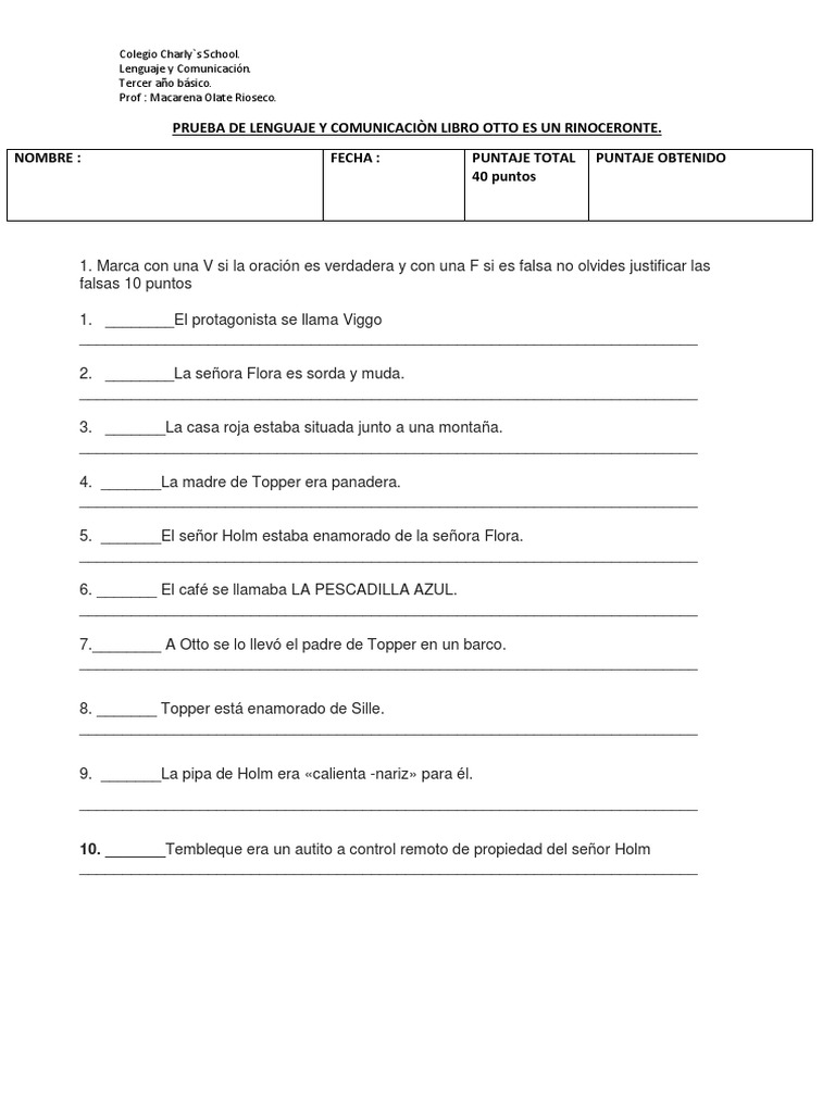 Prueba de Lenguaje y Comunicaciòn Libro Otto Es Un Rinoceronte