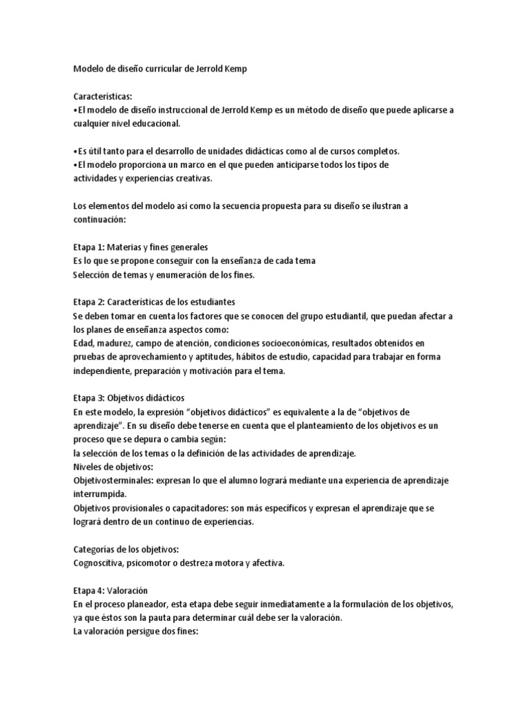 Modelo de Diseño Curricular de Jerrold Kemp | PDF | Diseño | Aprendizaje