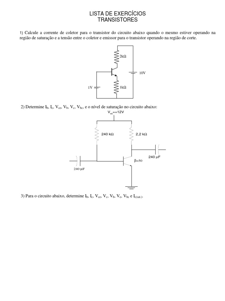 Lista Exerc Transistores | PDF | Transistor | Rede elétrica