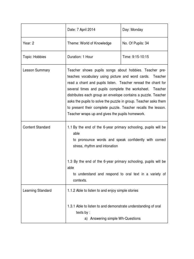 Hobby Lesson Plan | PDF | Question | Lesson Plan