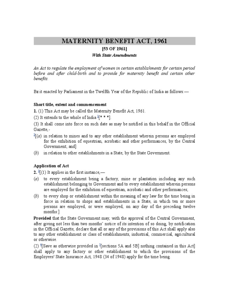 Maternity Benefit Act Overview 1961 | PDF | Virtue | Government Information