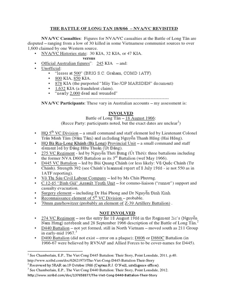 Casualty Figures of Long Tan Battle | PDF | Viet Cong | People's Army ...