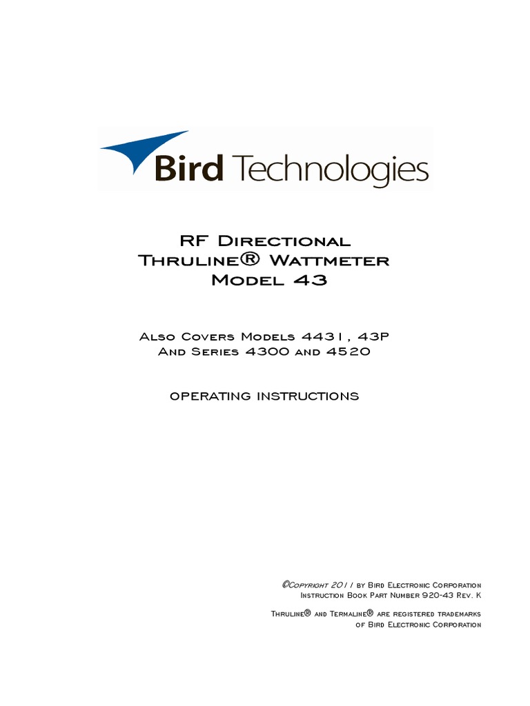 RF Directional Thruline® Wattmeter Model 43: Also Covers Models 4431 ...