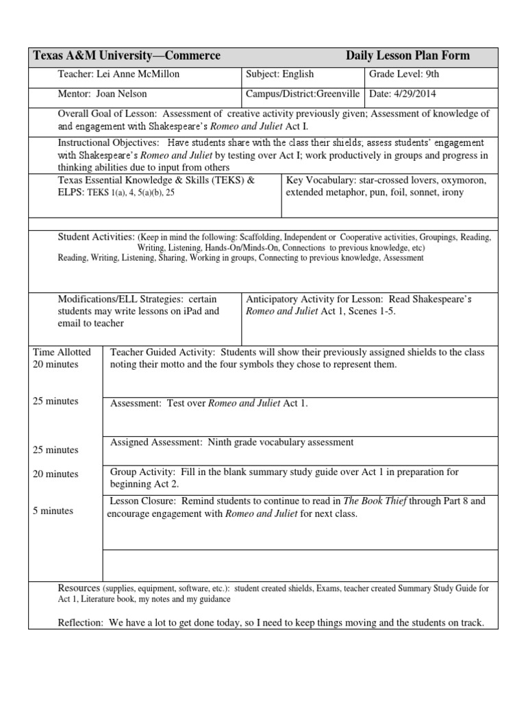 9th Grade English Lesson Plan: Romeo & Juliet | PDF