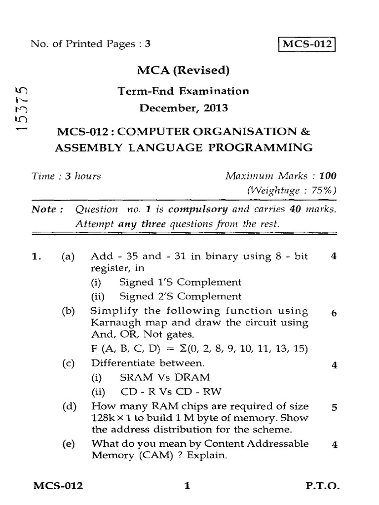 MCA (Revised) Term-End Examination N-R-R) December, 2013 Mcs-012: Computer Organisation ...