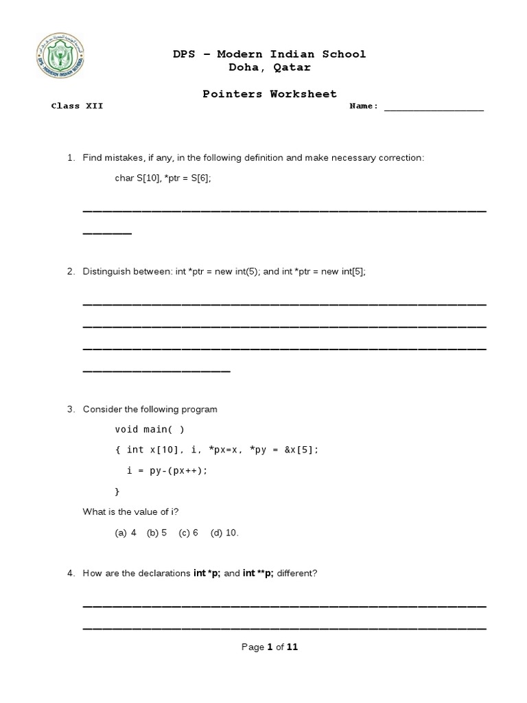DPS - Modern Indian School Doha, Qatar Pointers Worksheet: Class XII ...