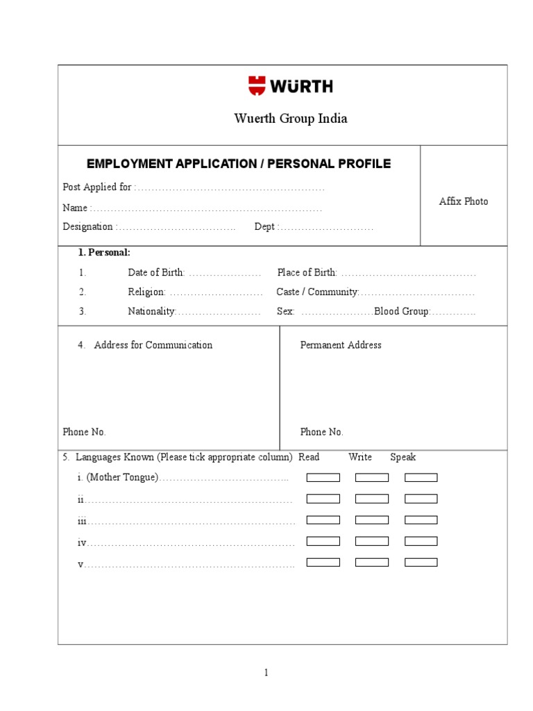 Wuerth Group India Job Application Form | PDF | Medicine | Health Sciences