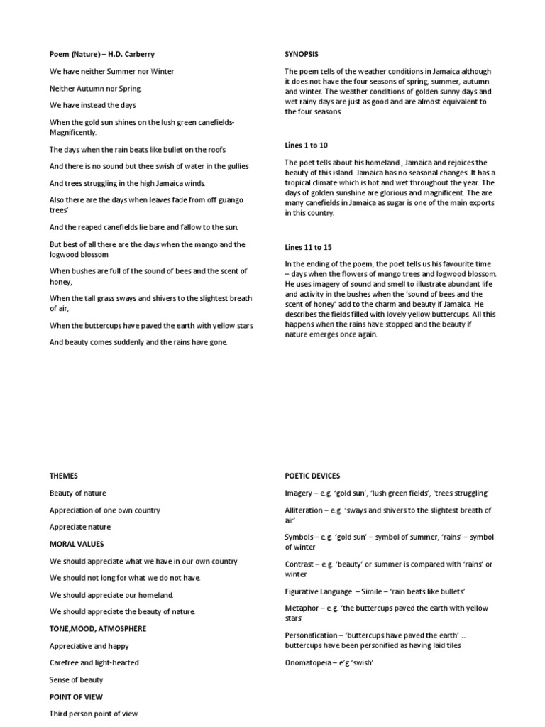 Poem (Nature) - H.D. Carberry Synopsis | PDF | Weather | Poetry