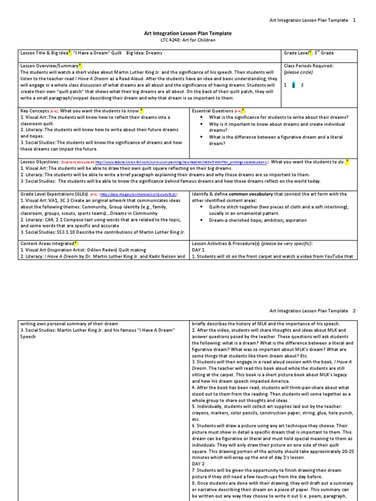 3rd Grade MLK Dream Quilt Lesson | PDF | Lesson Plan | Dream