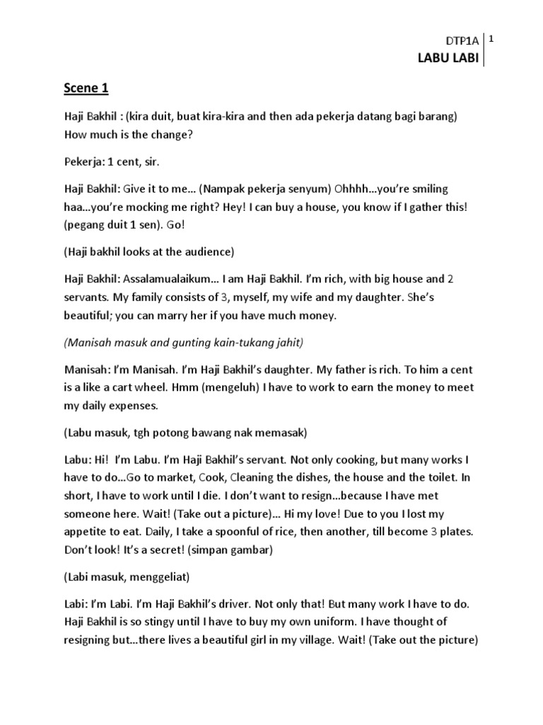 Labu Labi Scene 1: (Manisah Masuk and Gunting Kain-Tukang Jahit) | PDF ...