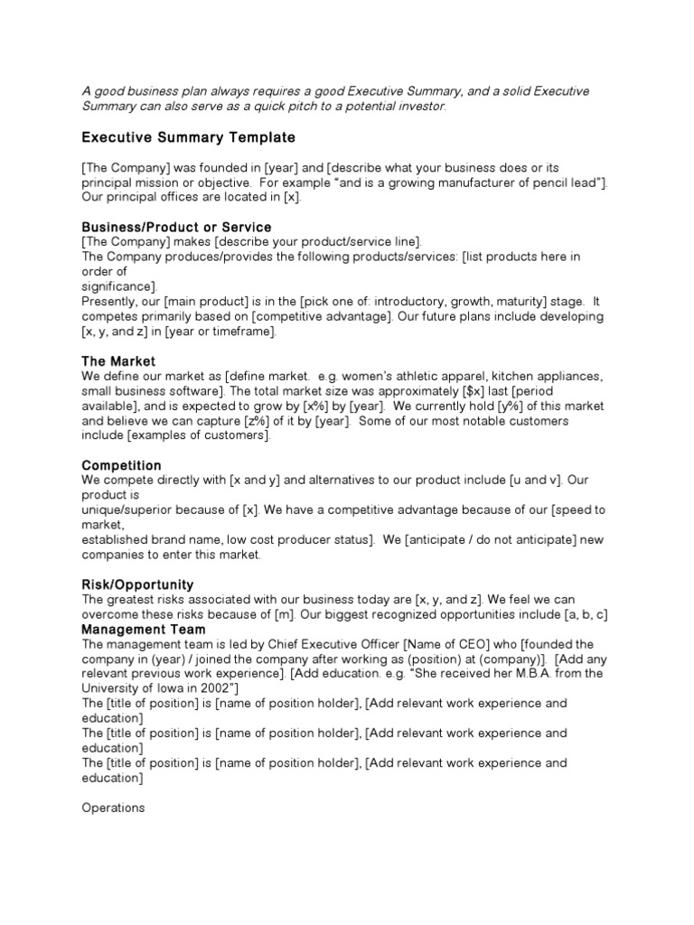 Business Plan Executive Summary Template