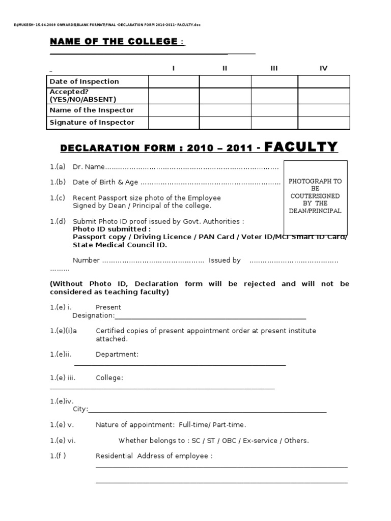 Medical Council of Inida Declaration Form 2010-2011for Faculty | PDF ...