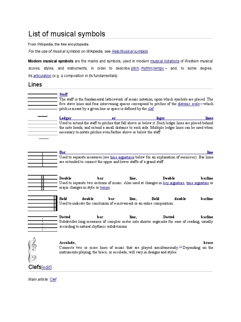 List of Musical Symbols: Lines | Download Free PDF | Clef | Pitch (Music)