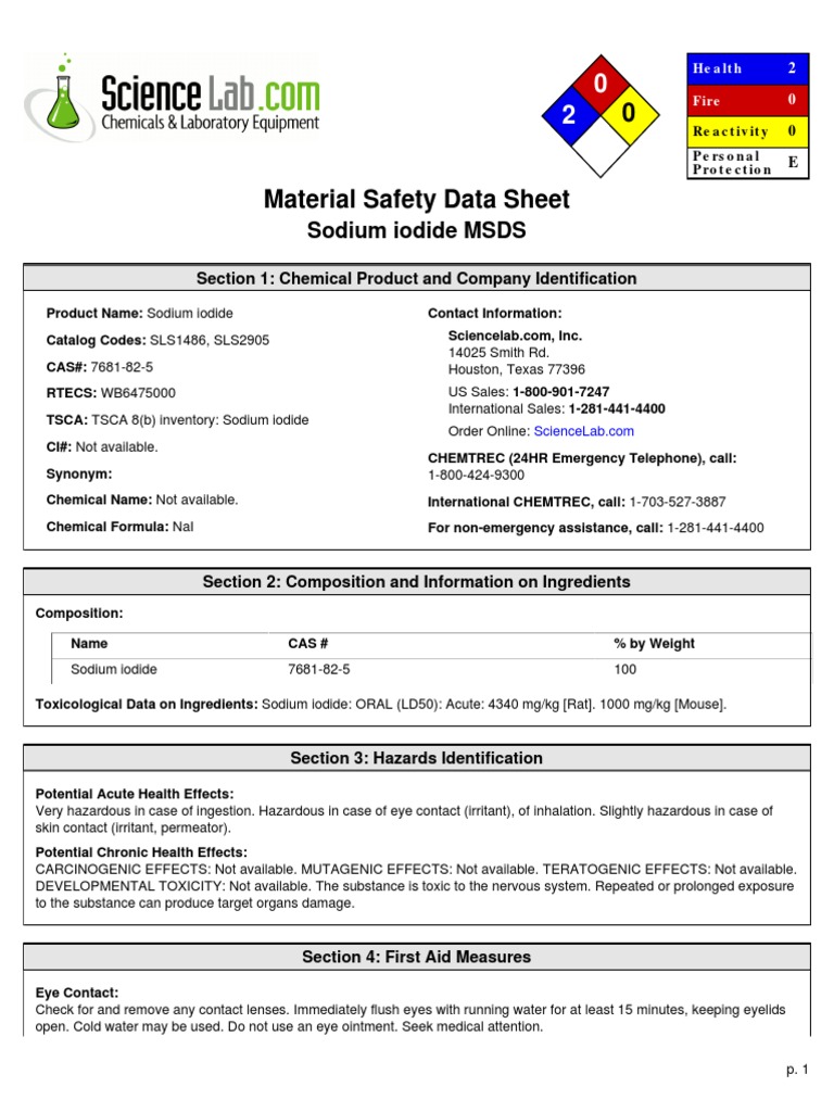 Sodium Iodide MSDS: Section 1: Chemical Product and Company ...