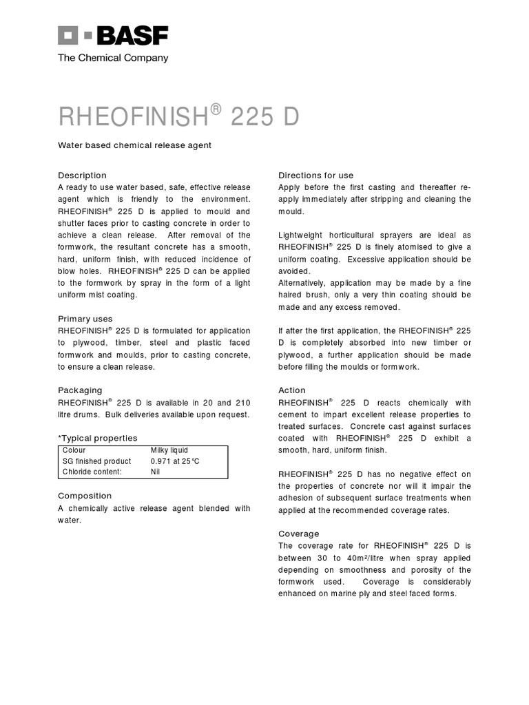 Rheofinish 225 D: Water Based Chemical Release Agent | PDF | Concrete ...