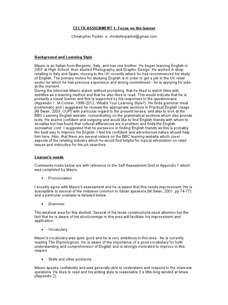 CELTA ASSIGNMENT 1: Focus On The Learner | PDF | English Language | Symbols