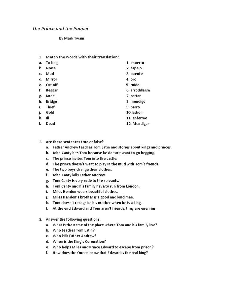 The Prince and The Pauper Activities by Diana | PDF | History | Young Adult