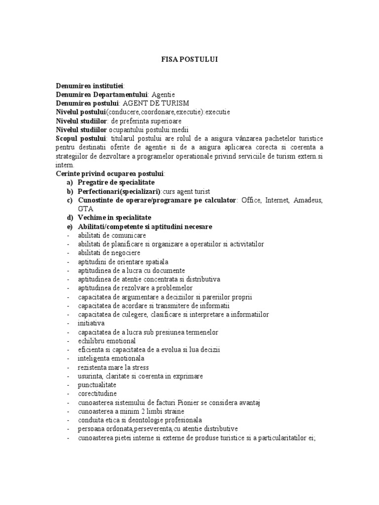 Fisa Post Agent Turism | PDF