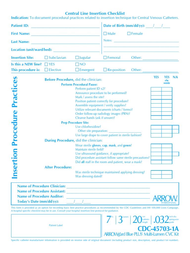 CDC-45703-1A: Central Line Insertion Checklist | PDF | Medical ...