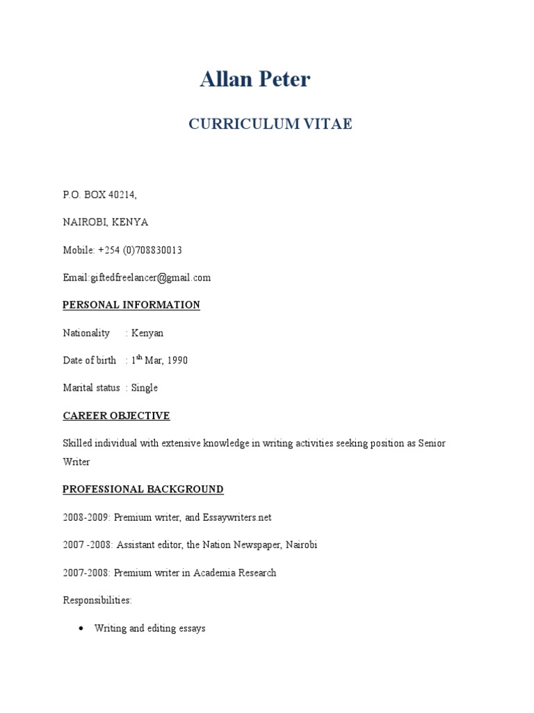 Allan Peter - Senior Writer CV | PDF | Career & Growth | Social Science
