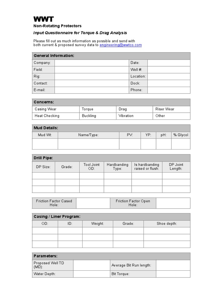Input Questionnaire For Torque & Drag Analysis: Non-Rotating Protectors ...