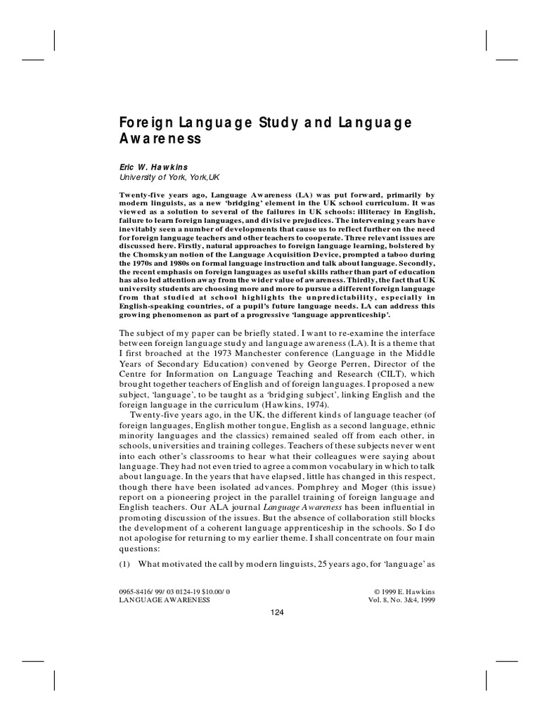 Foreign Language Study and Language Awareness: Eric W. Hawkins | PDF ...