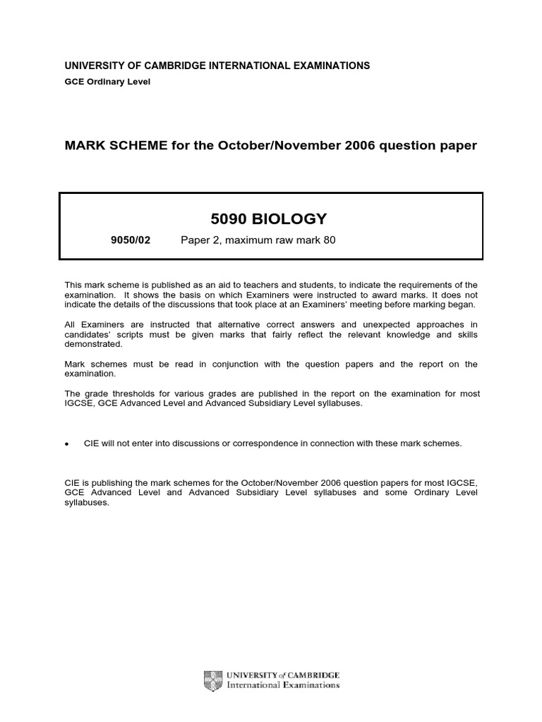 5090 BIOLOGY: MARK SCHEME For The October/November 2006 Question Paper ...