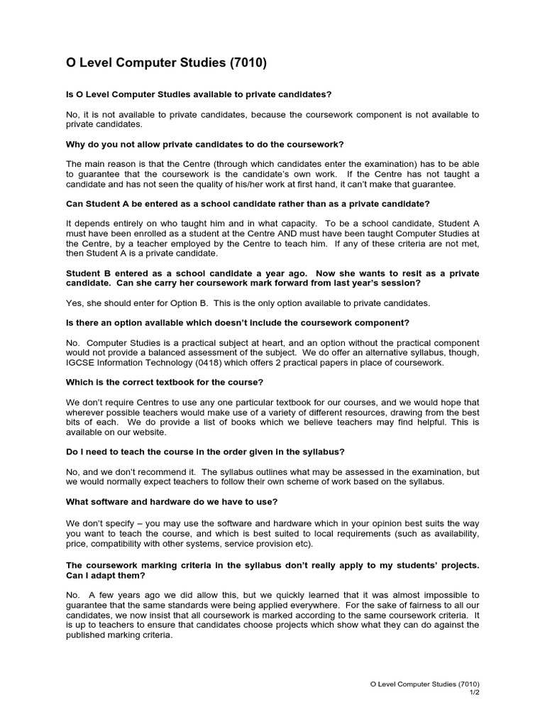 O Level Computer Studies (7010) 1/2 | PDF | Quality Of Life | Teachers