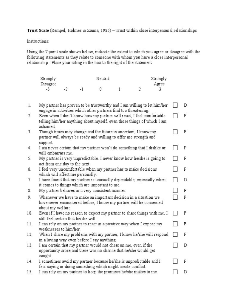 Trust Scale for Close Relationships | PDF | Trust (Emotion ...
