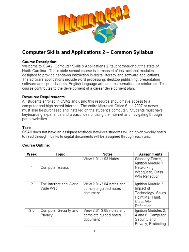 Computer Skills and Applications 2 - Common Syllabus: Course ...