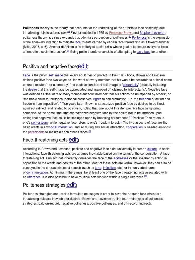 Positive and Negative Face: Stephen Levinson Politeness Face | PDF ...