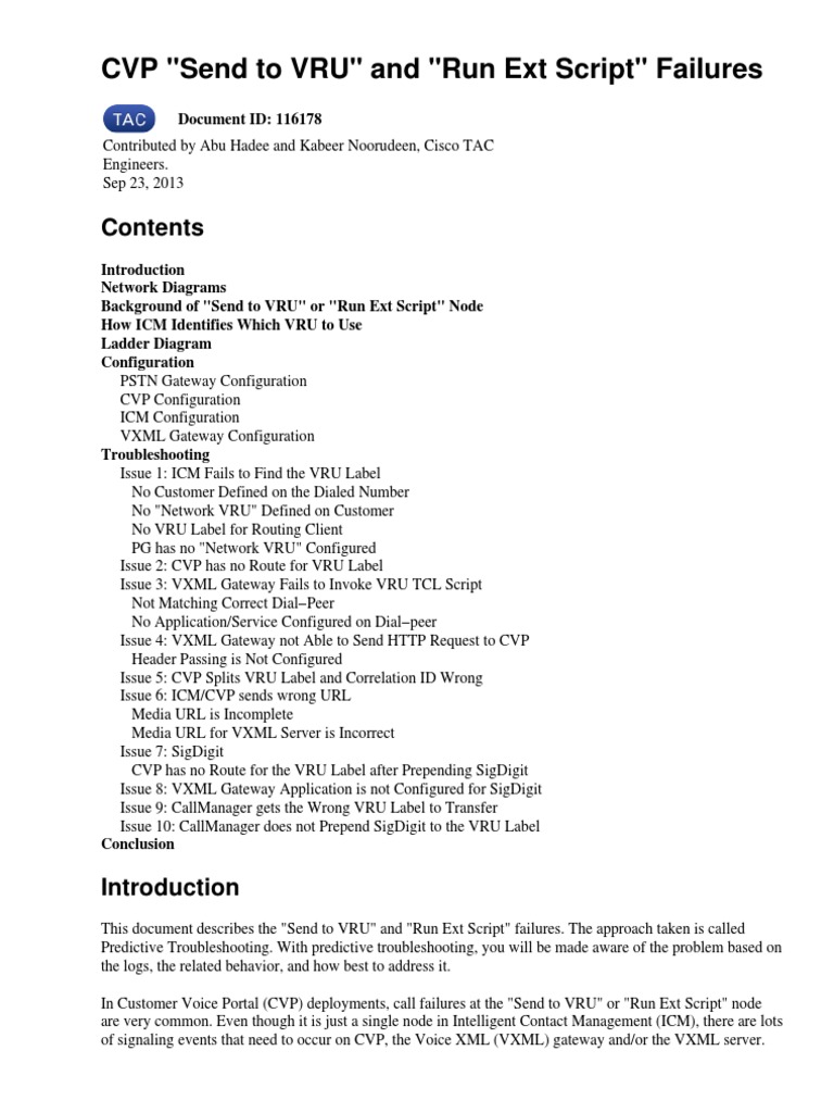 CVP "Send To VRU" and "Run Ext Script" Failures: Document ID: 116178 | PDF | Gateway ...