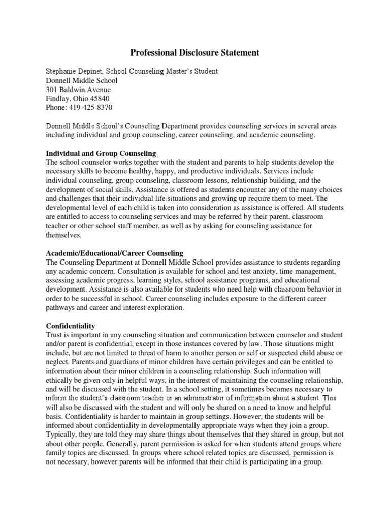 Professional Disclosure Statement | PDF | School Counselor ...