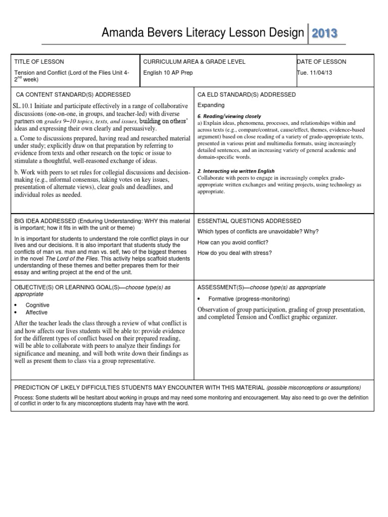 Literacy Lesson Design-Tension and Conflict Lesson Plan | PDF ...