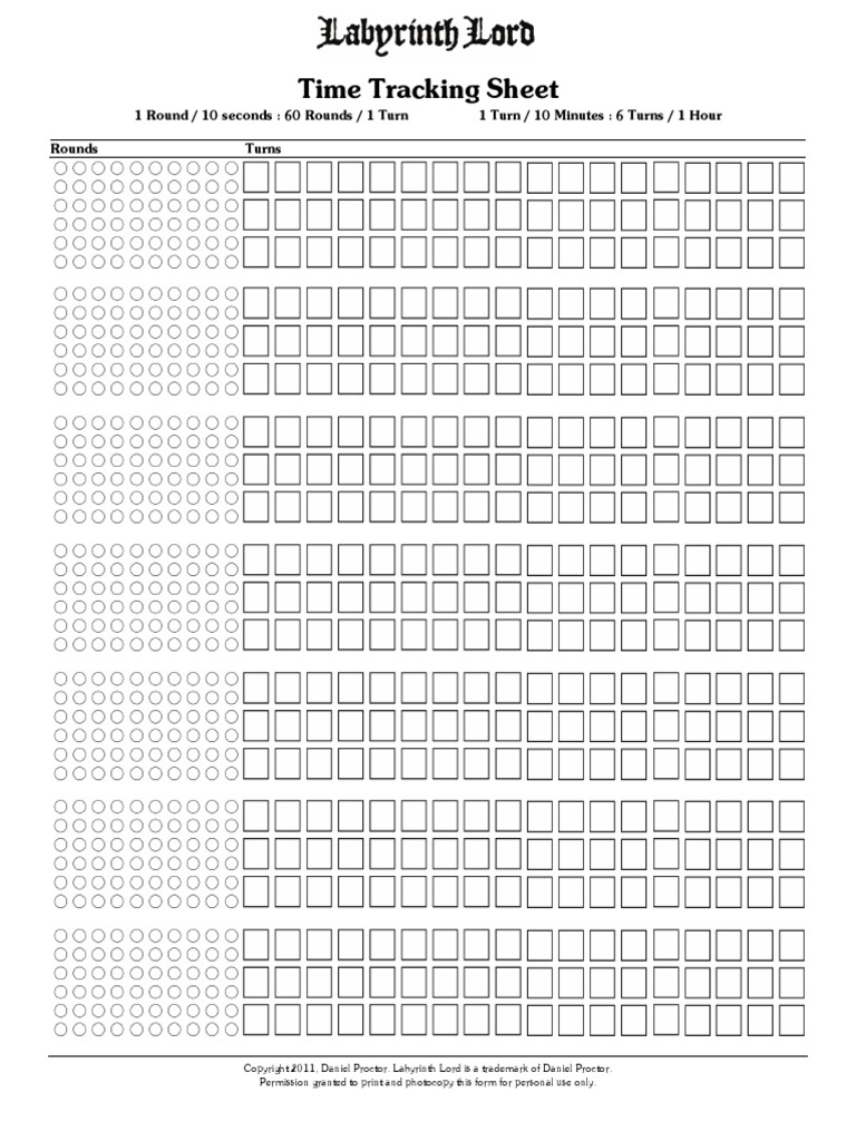 Time Tracking Sheet: 1 Round / 10 Seconds: 60 Rounds / 1 Turn 1 Turn ...