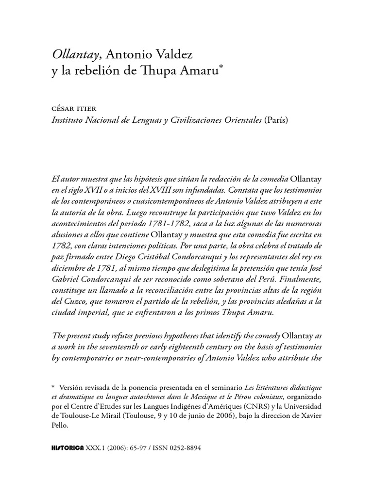 Ollantay: Valdez y Rebelión Thupa Amaru | PDF | Imperio Inca | Perú