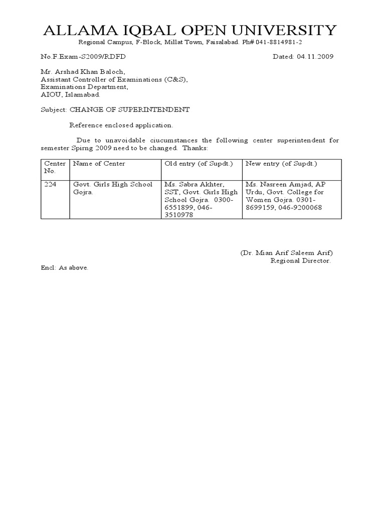 AIOU Superintendent Change Notice | PDF